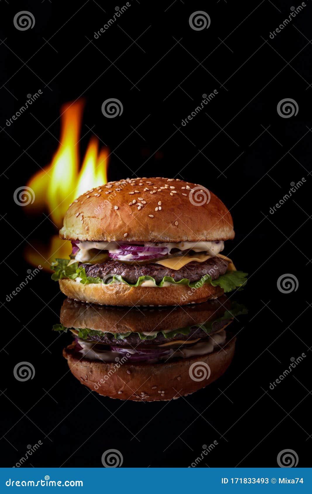 Burger with Fire on a Black Background for the Site2 Stock Image ...