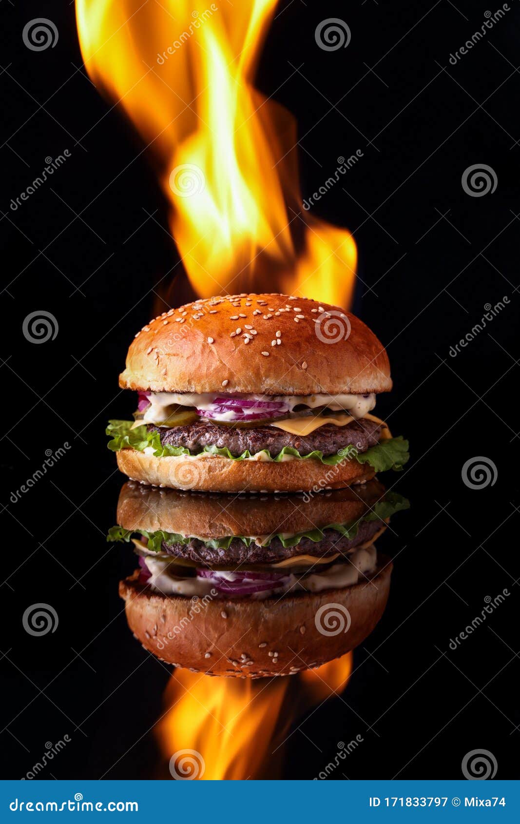 Burger with Fire on a Black Background for the Site10 Stock Image ...