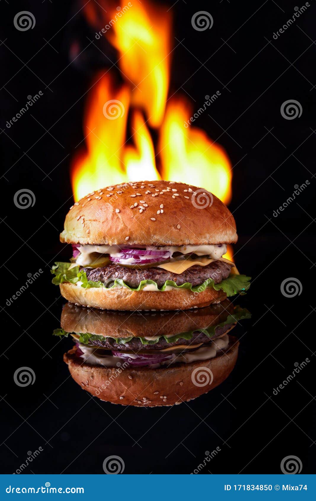 Burger with Fire on a Black Background for the Site1 Stock Photo ...