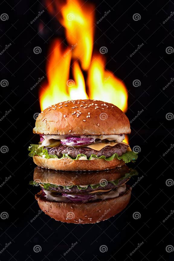 Burger with Fire on a Black Background for the Site1 Stock Photo ...