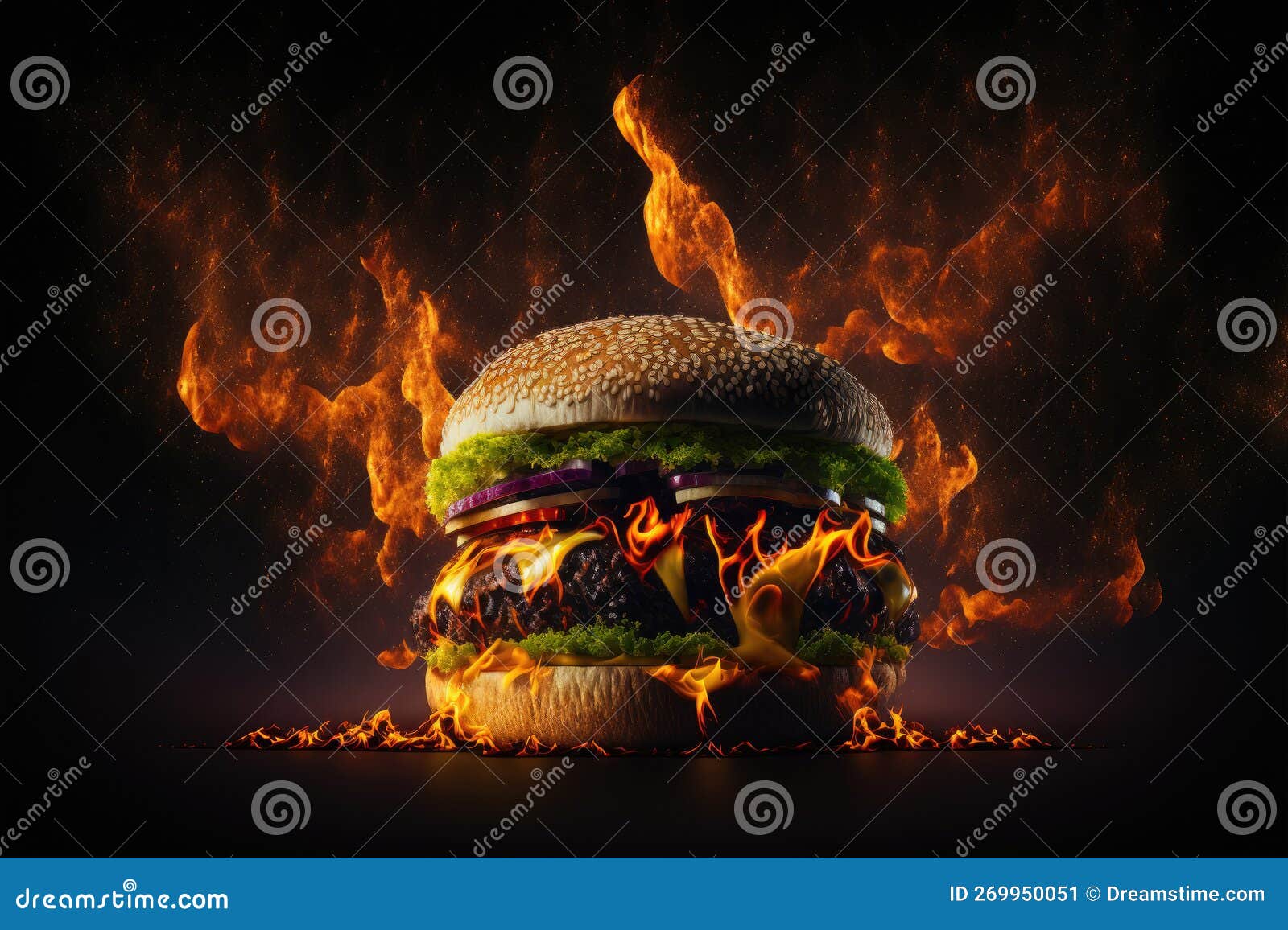 Burger on Fire Flames a Dark and Moody Background AI Generative Stock ...
