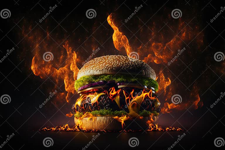 Burger on Fire Flames a Dark and Moody Background AI Generative Stock ...