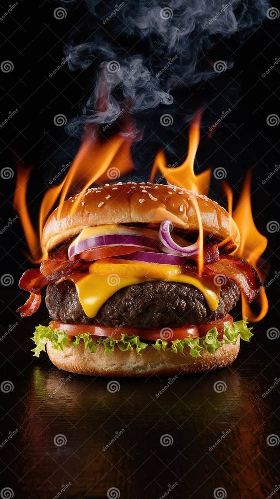A Burger with a Flame on it Stock Illustration - Illustration of wood ...