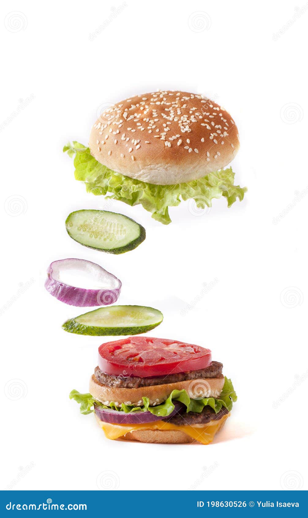 Burger in Flight on a White Background Stock Photo - Image of concept ...