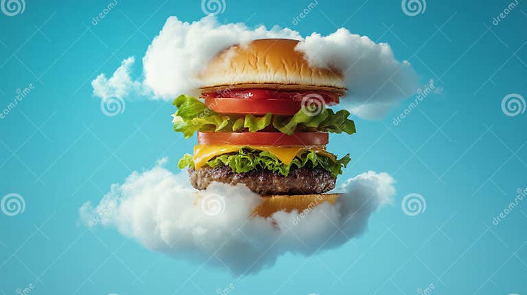 Burger Floating among Clouds in a Surreal Sky Stock Photo - Image of ...
