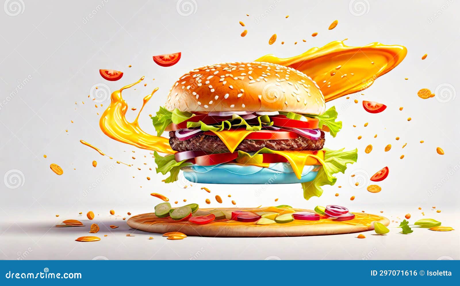 Burger with Flying Elements on Light Soft Background Stock Photo ...