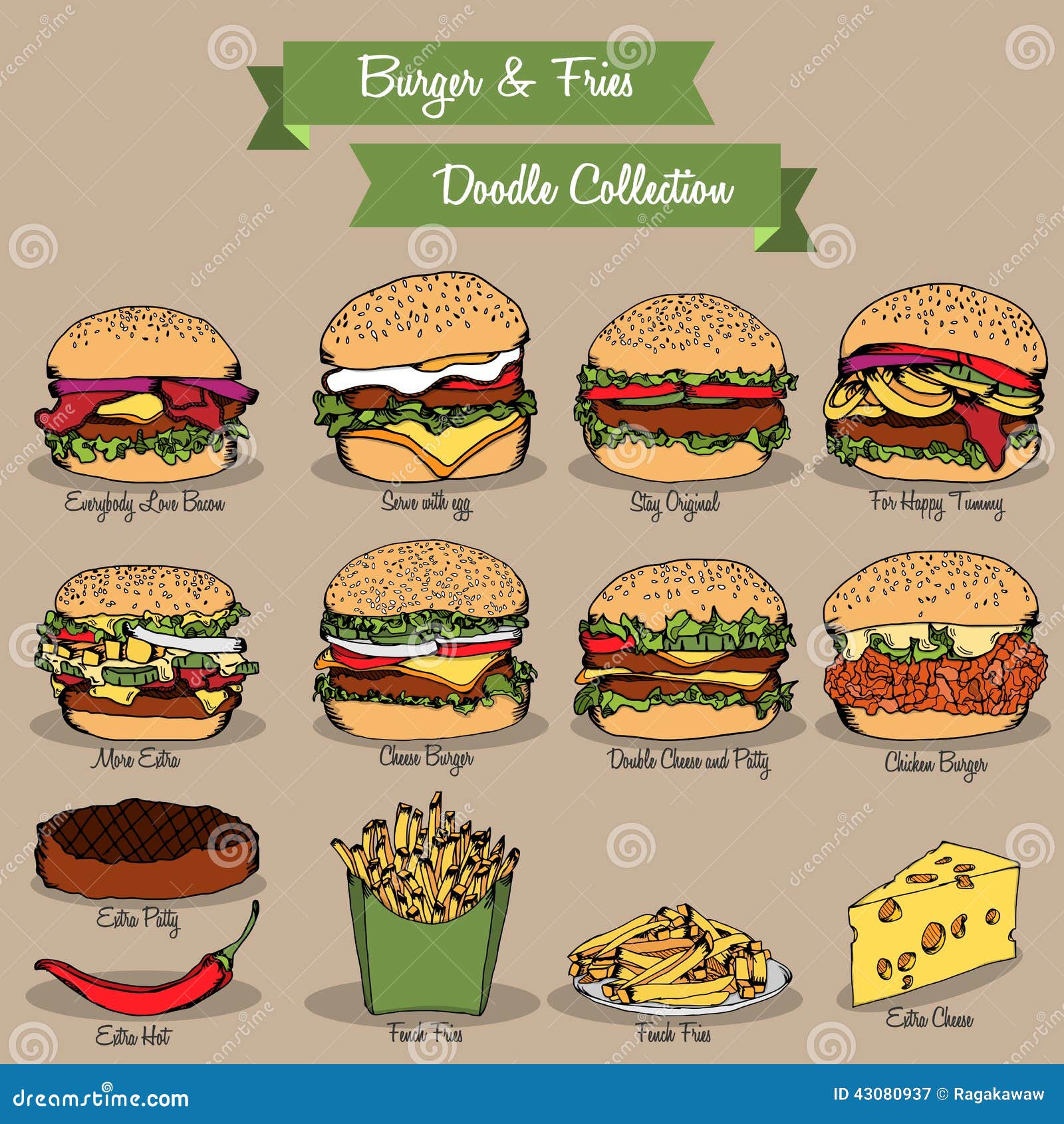 Burger and Fries Doodle Collection Stock Vector - Illustration of ...