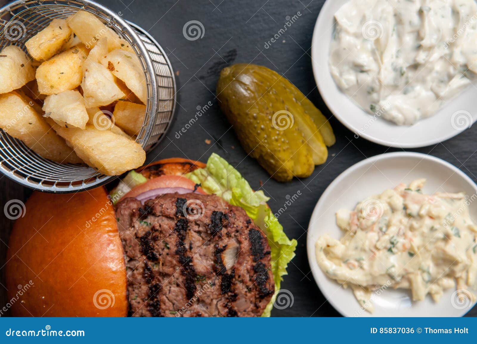 Burger and Fries, Overhead or Top View Stock Photo - Image of ...
