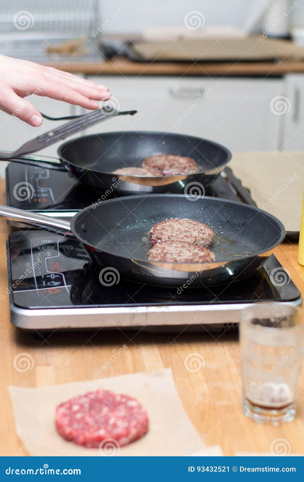 Burger frying on pan stock image. Image of burnt, fried - 93432521