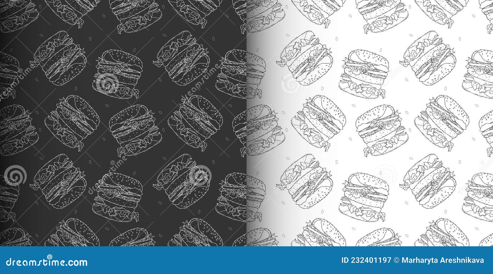 Burger Hamburger Patterns White and Black Hand-drawn Contour Drawing ...