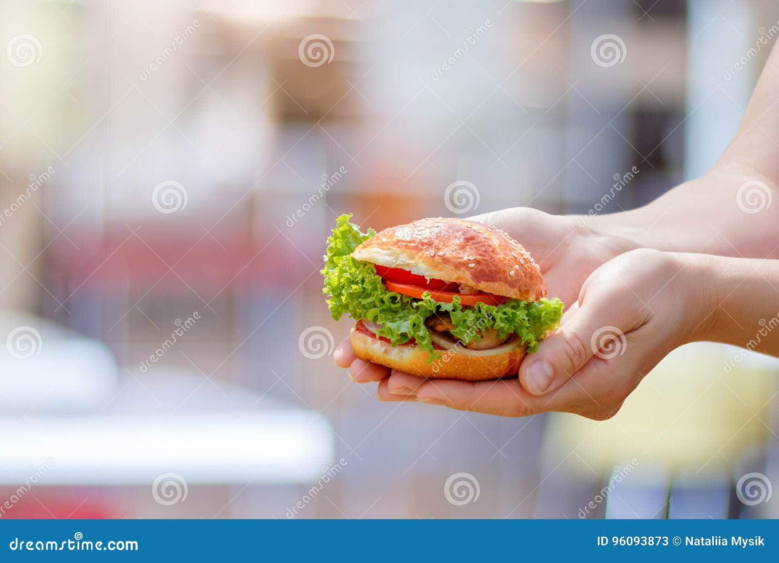 Burger in hand . stock image. Image of macro, cafe, food - 96093873