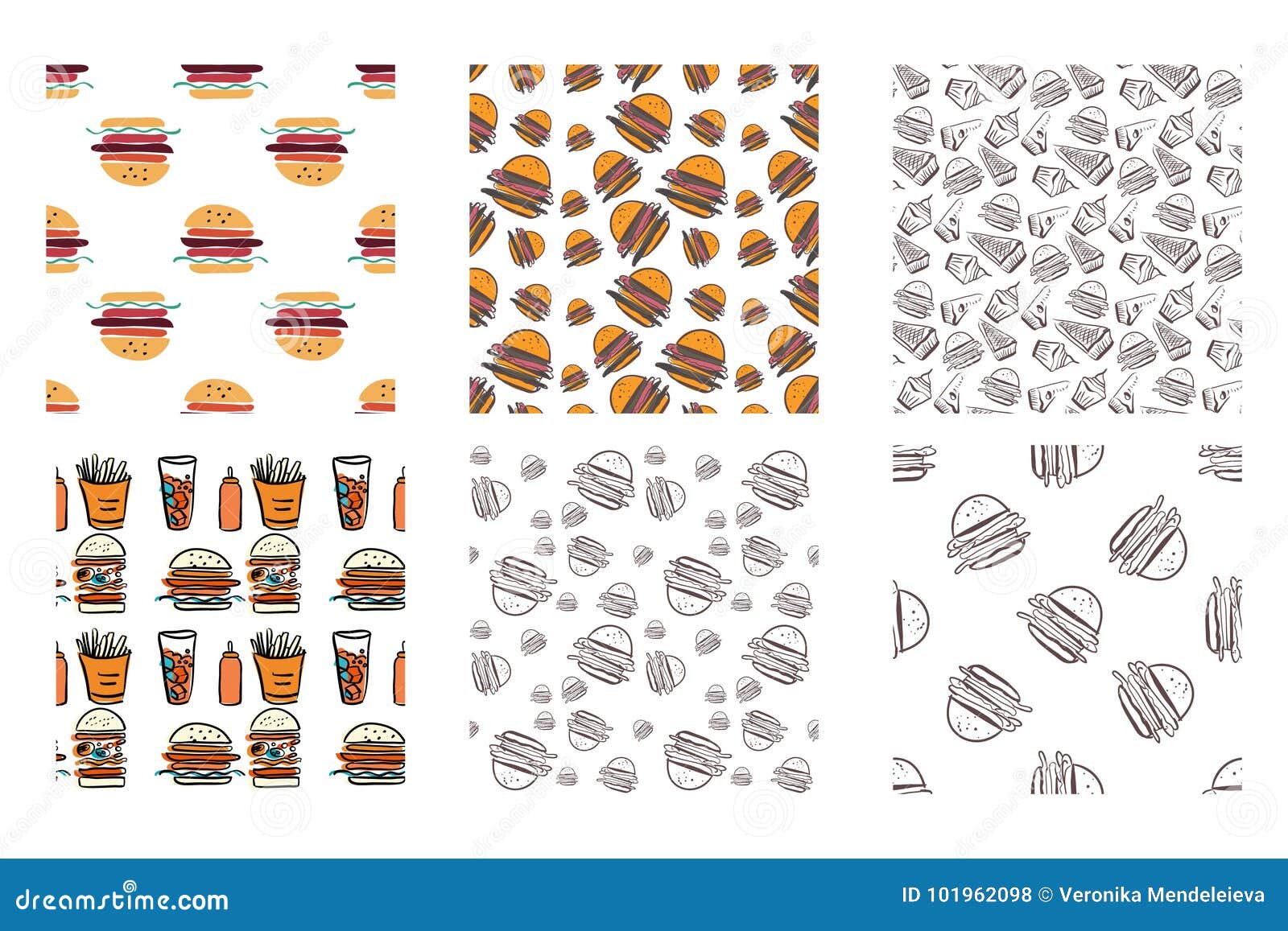 Burger Hand Drawn Seamless Vector Pattern. Stock Vector - Illustration ...