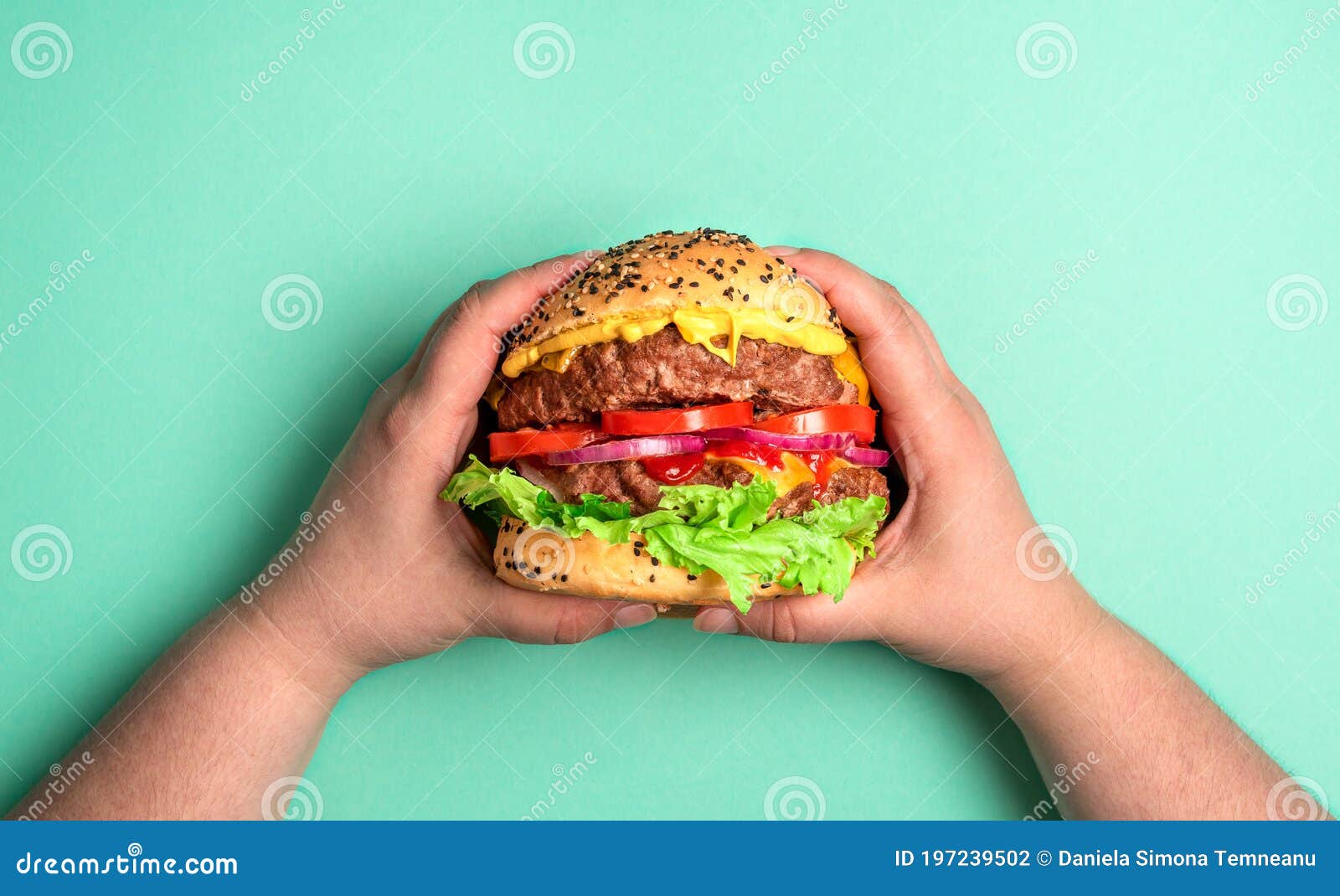 Burger Held with Both Hands. Hamburger on a Green Background Stock ...