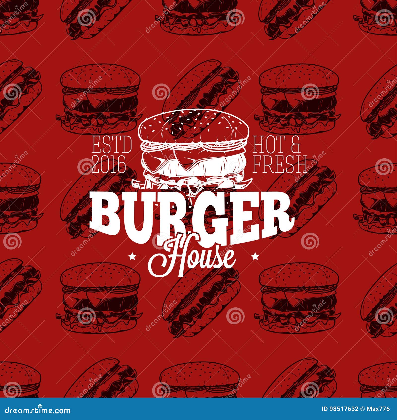 Burger House Logo on Seamless Pattern Fast Food, Vector Illustration ...