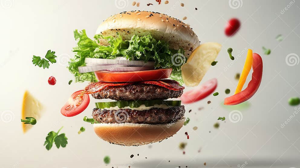 Burger Ingredients Floating in Mid-air Emphasizing Fresh and Dynamic ...