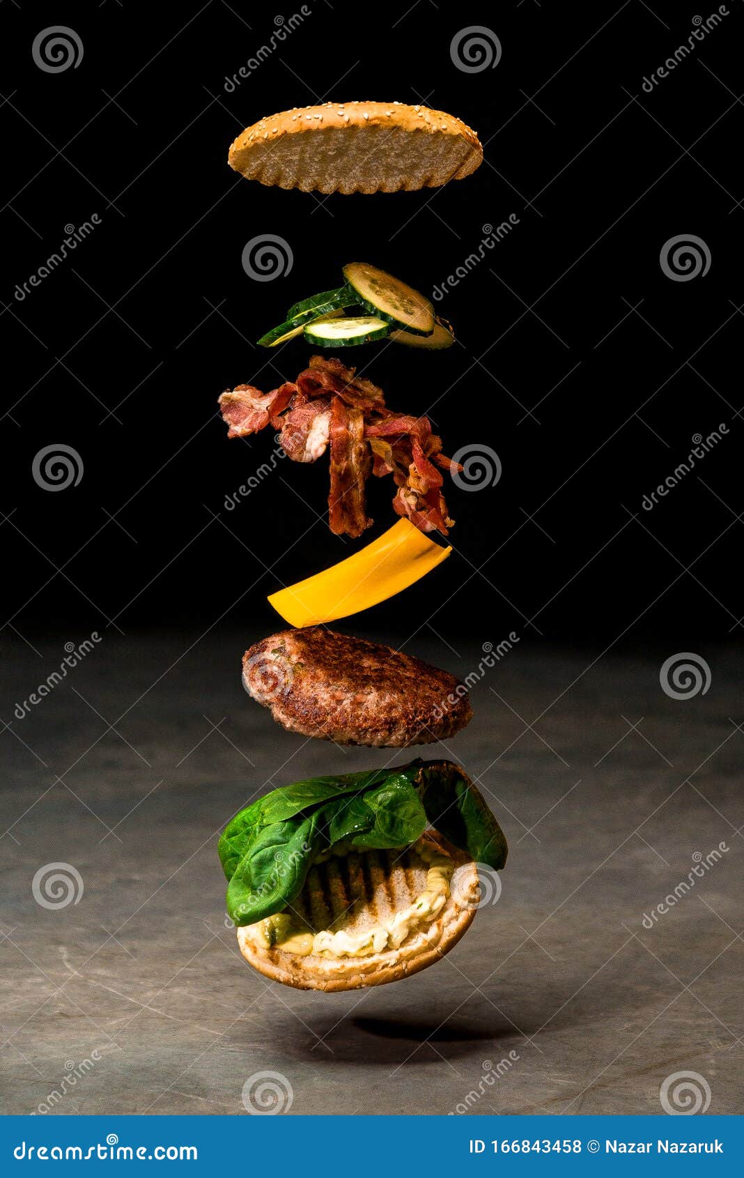 Burger Ingredients Levitating, Dark Background Stock Photo - Image of ...