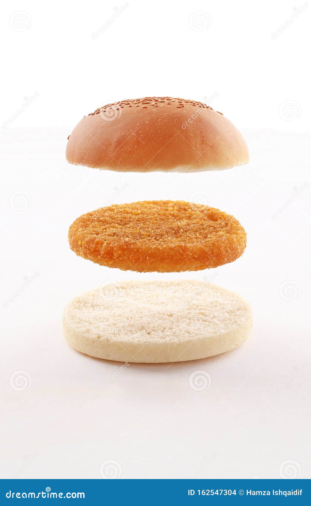 Burger Layers, Bun, Toast Bread and Cheese on White Background Stock ...