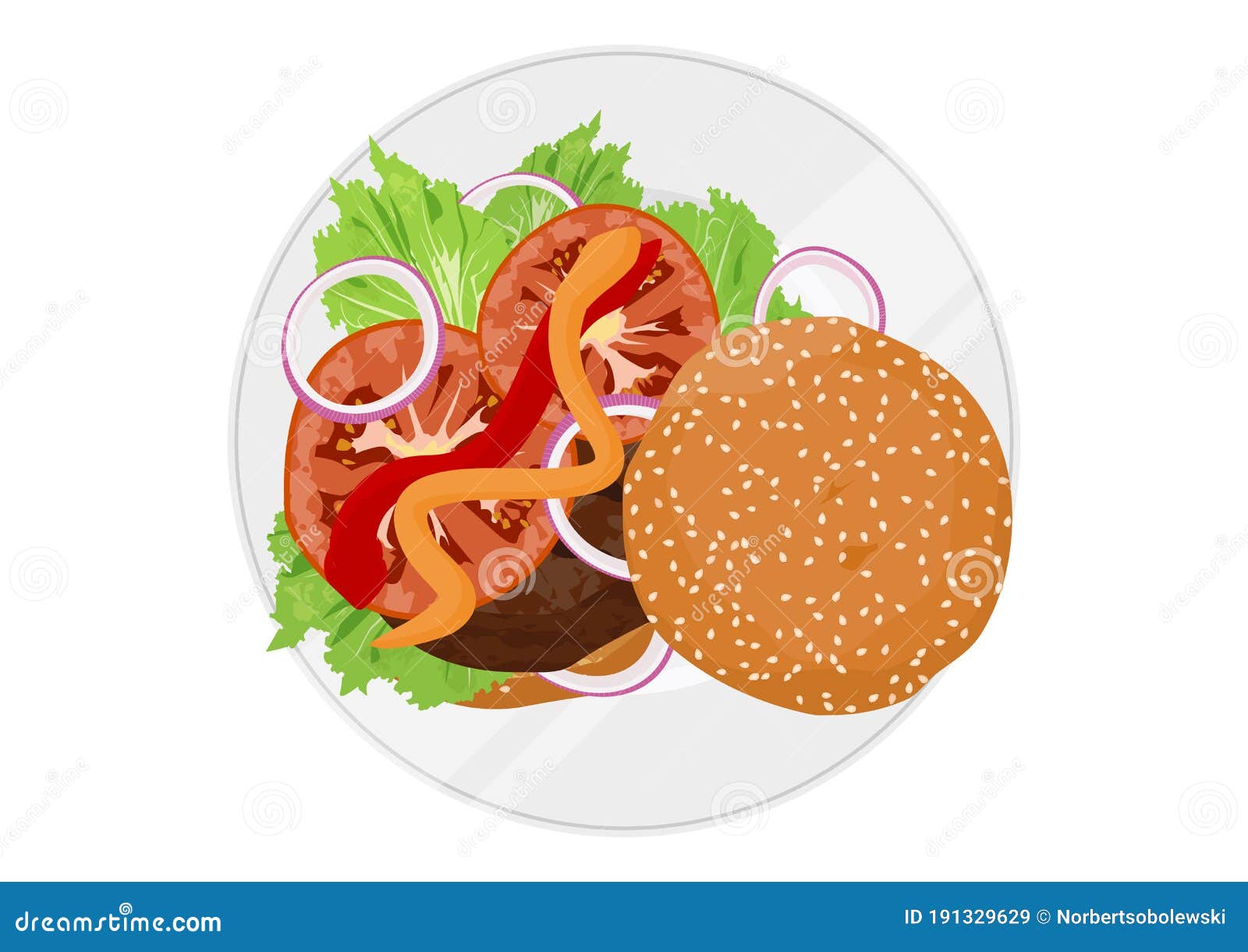 Burger with Lettuce, Onion, and Tomatoes. Stock Vector - Illustration ...