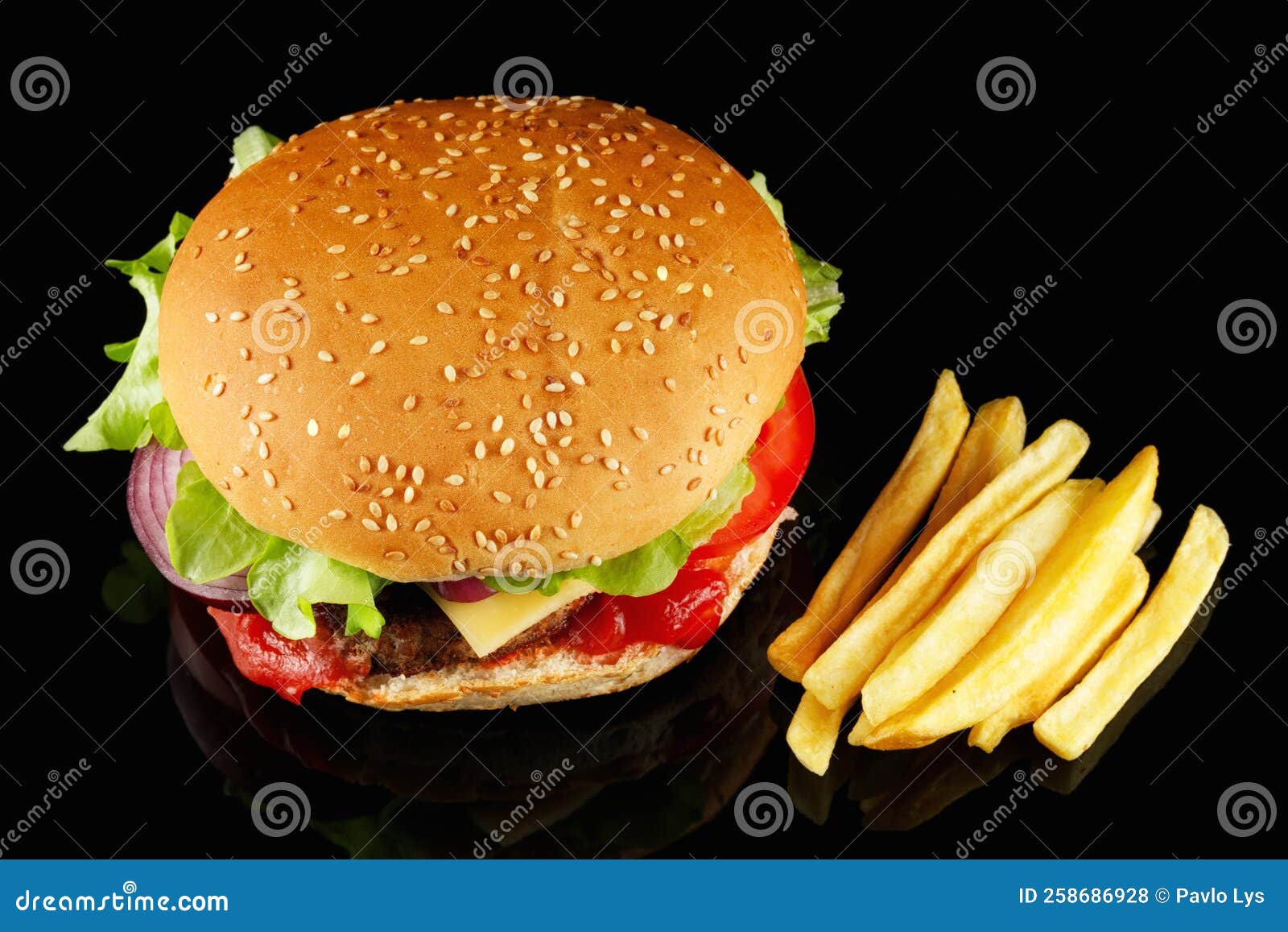 Burger with Lettuce, Tomato, Cheese and Cutlet Top View Stock Photo ...