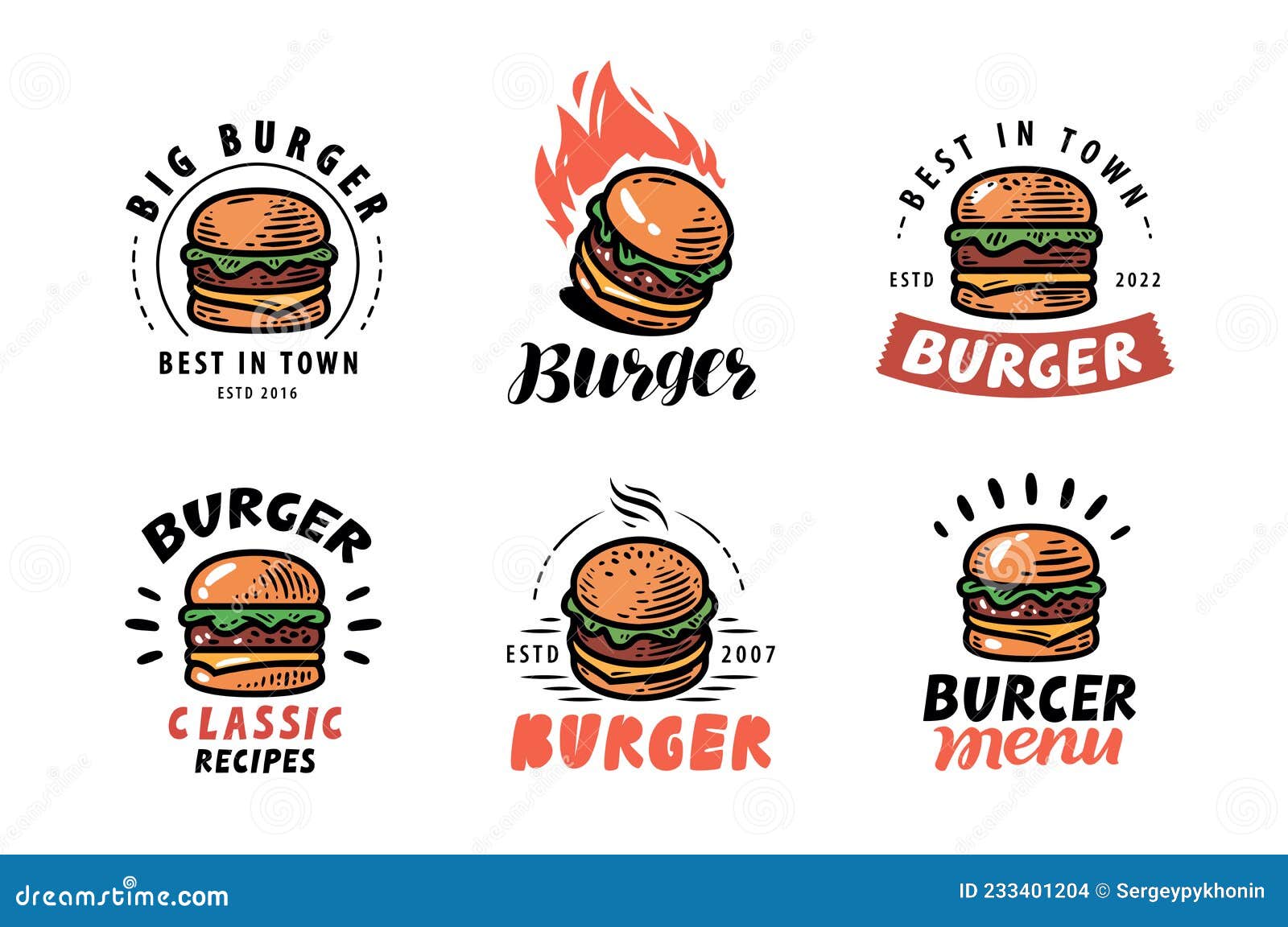 Burger Logo Set. Emblems or Restaurant Menu, Cafe. Vector Illustration ...