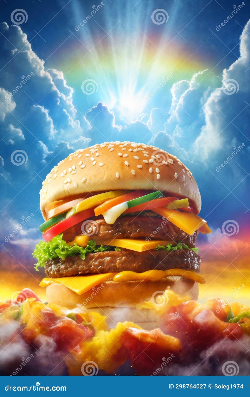 Burger with Meat, Cheese and Vegetables on a Blue Sky and Clouds ...