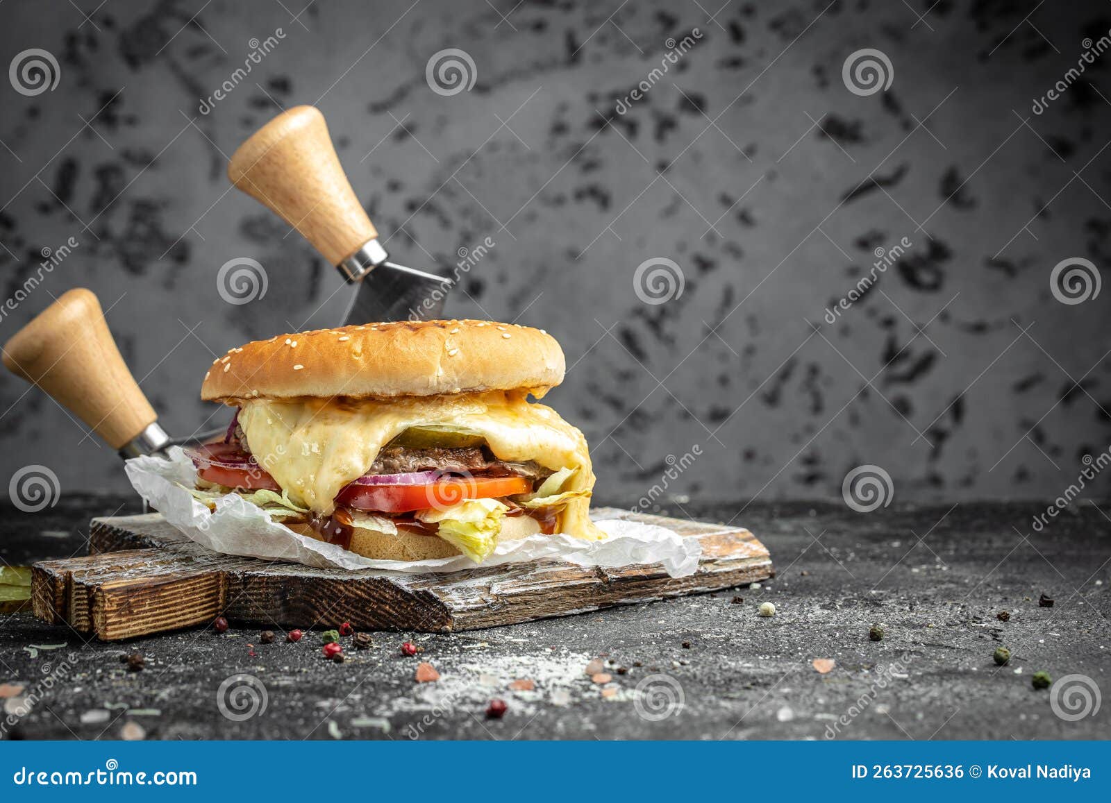 Burger with Melted Cheese, Big Cheeseburger with Lots of Cheese Stock ...