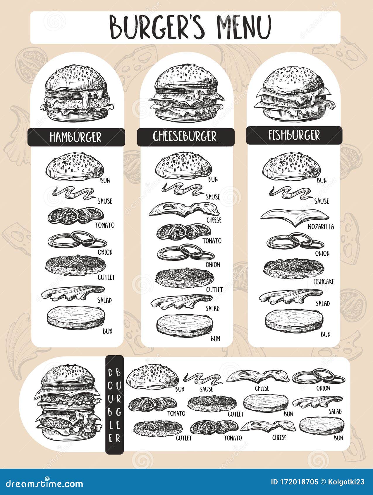 Burger Menu with Composition of Products in Graphic Style. Stock Vector ...