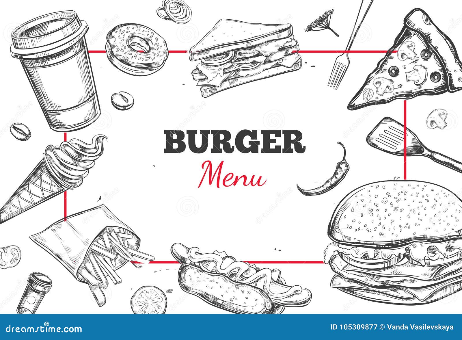 Burger Menu. Vector Hand Drawn Stock Vector - Illustration of dish ...