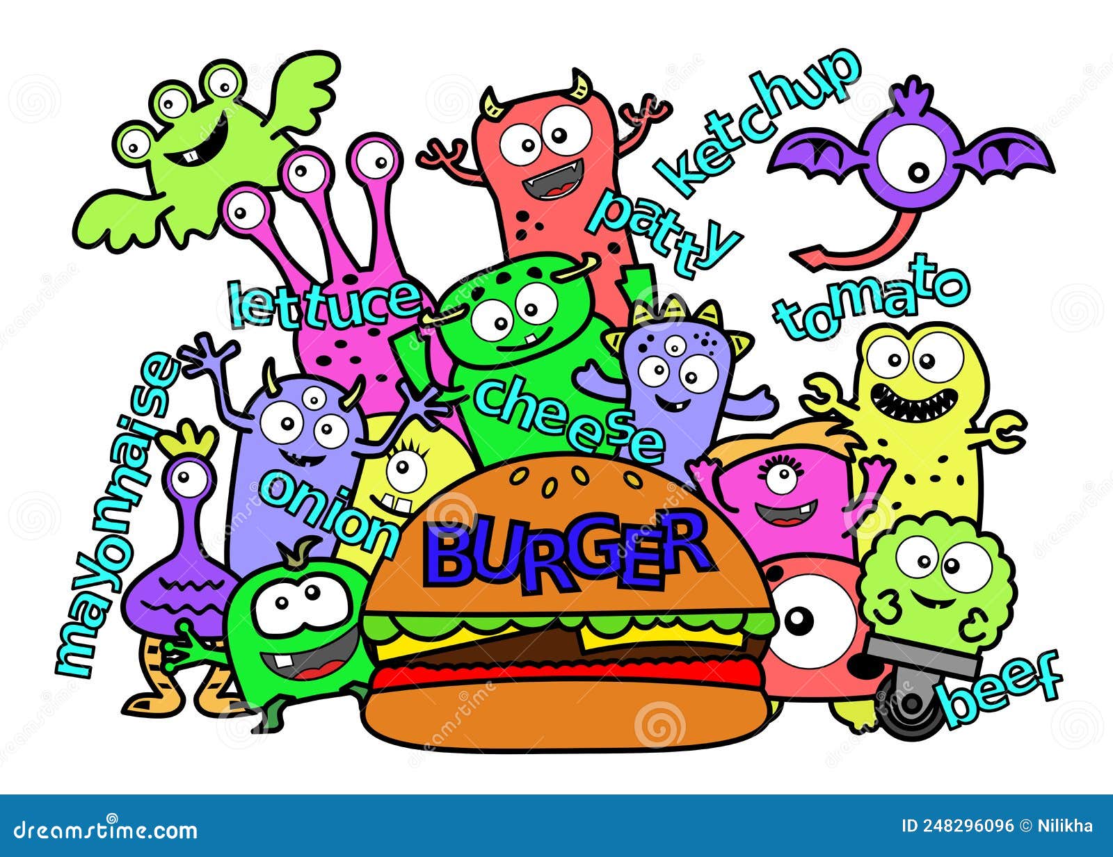Burger Monsters in Horizontal Layout Stock Illustration - Illustration ...