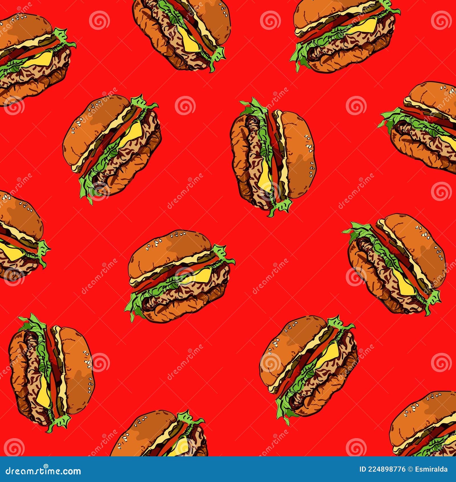 Burgers Pattern on Red Background Stock Vector - Illustration of bread ...