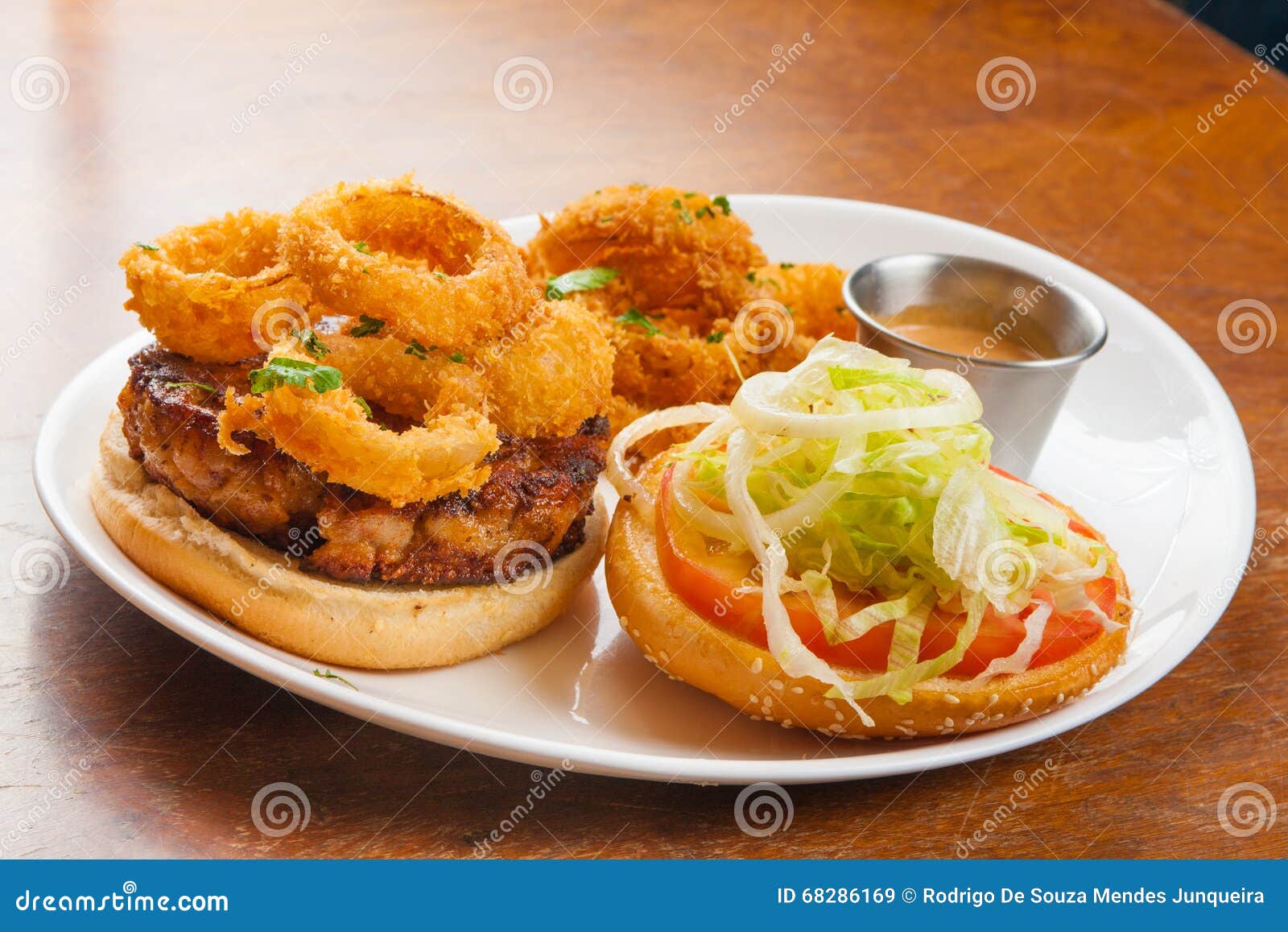 Burger and Onion Rings stock image. Image of snack, hamburguer - 68286169