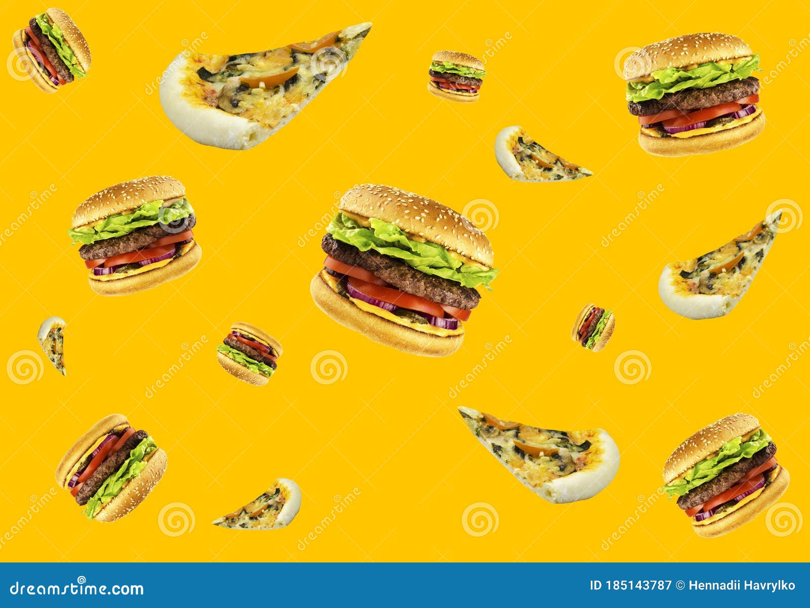 Burger and Pizza Pattern on a Yellow Background Stock Image - Image of ...