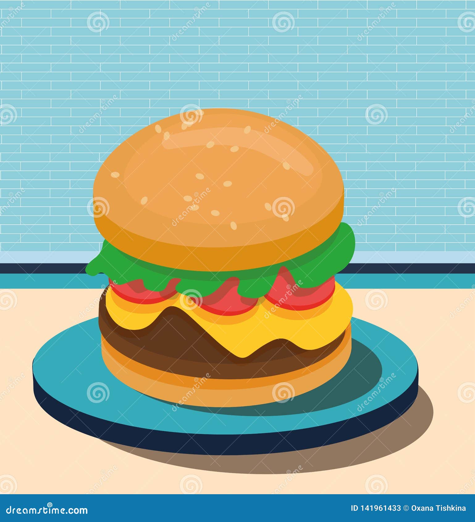 Burger on the Plate at the Blue Brick Wall Illustration Stock Vector ...