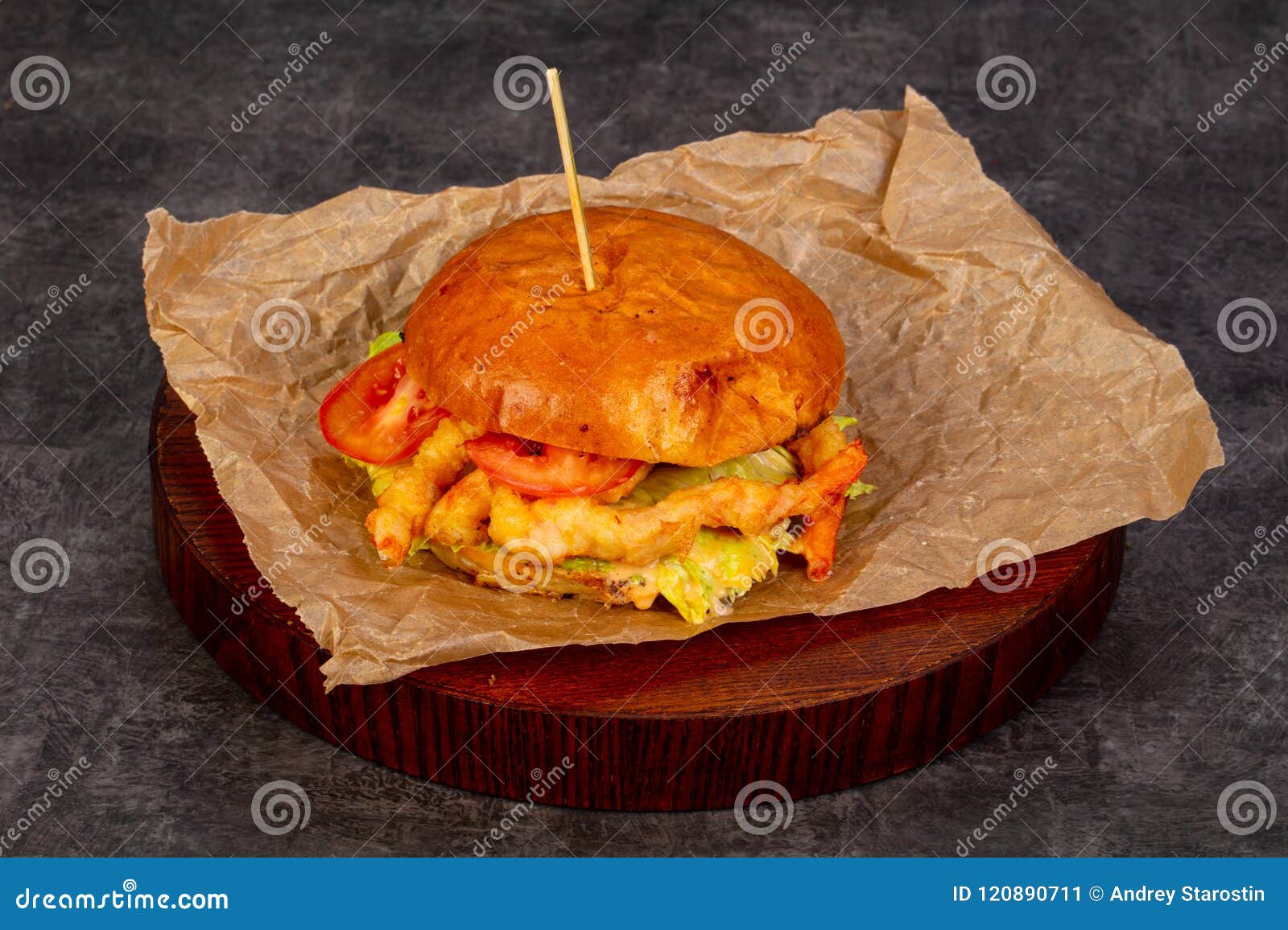 Burger with prawn stock image. Image of burger, rustic - 120890711