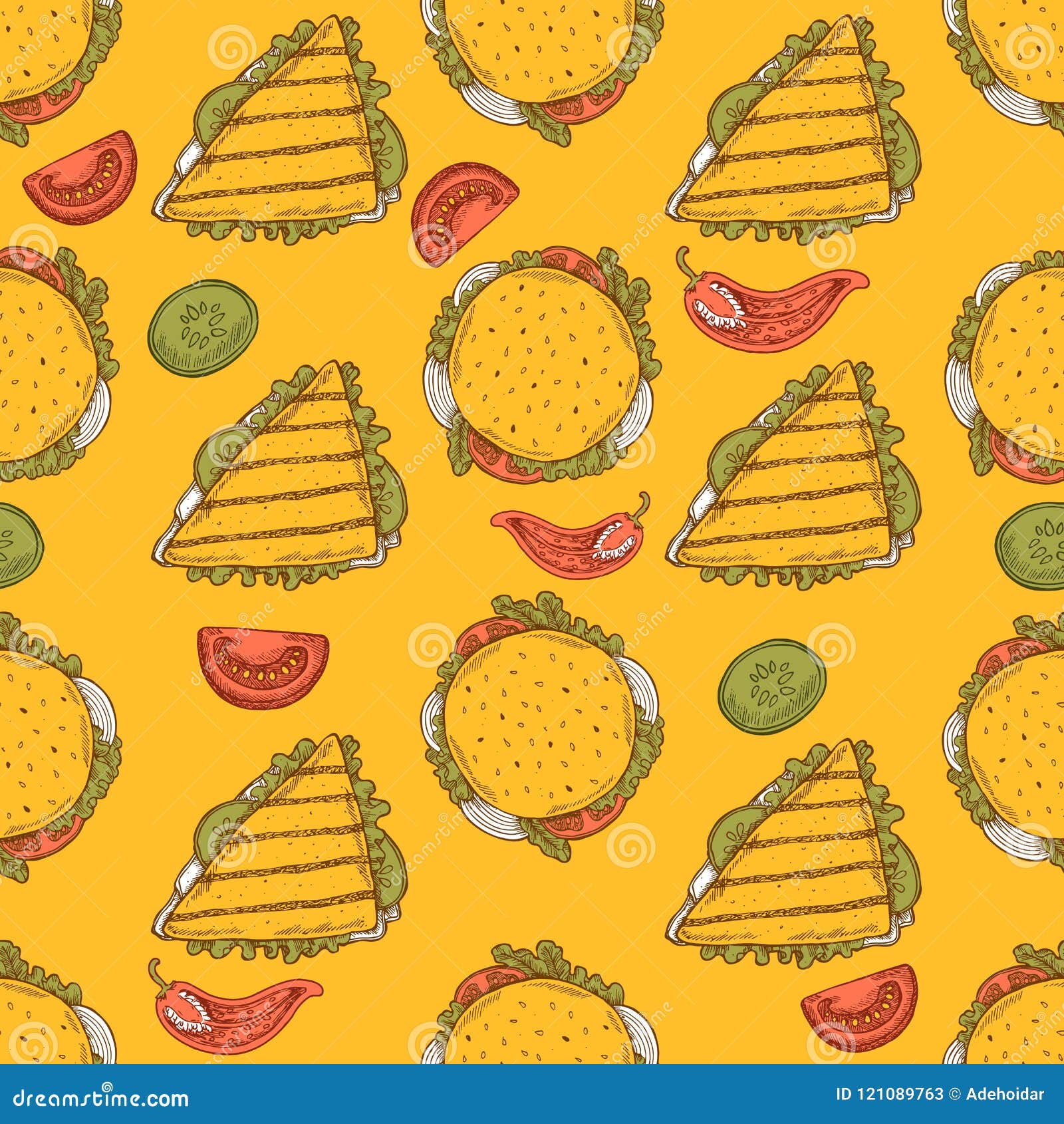 Burger Seamless Pattern. Hamburger Motif. Fast Food Line Emblem ...