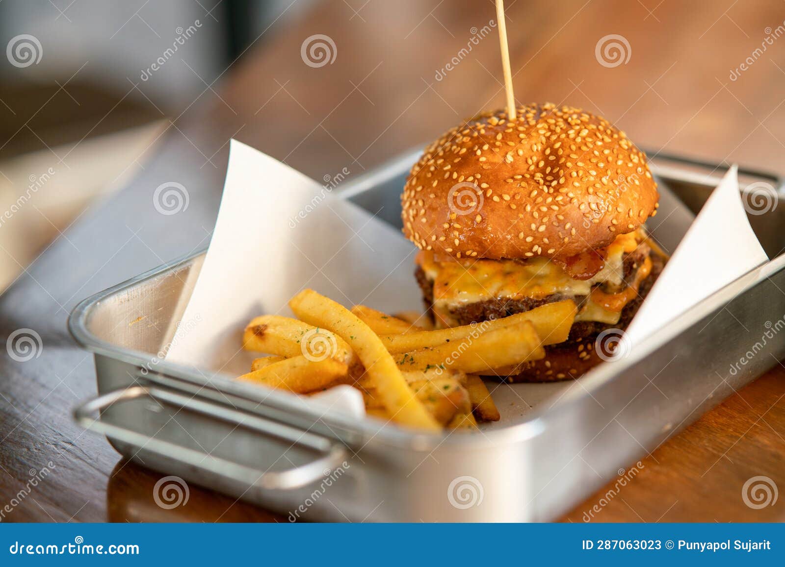 Burger Set with Potato Chips in a Metal Tray Stock Image - Image of ...