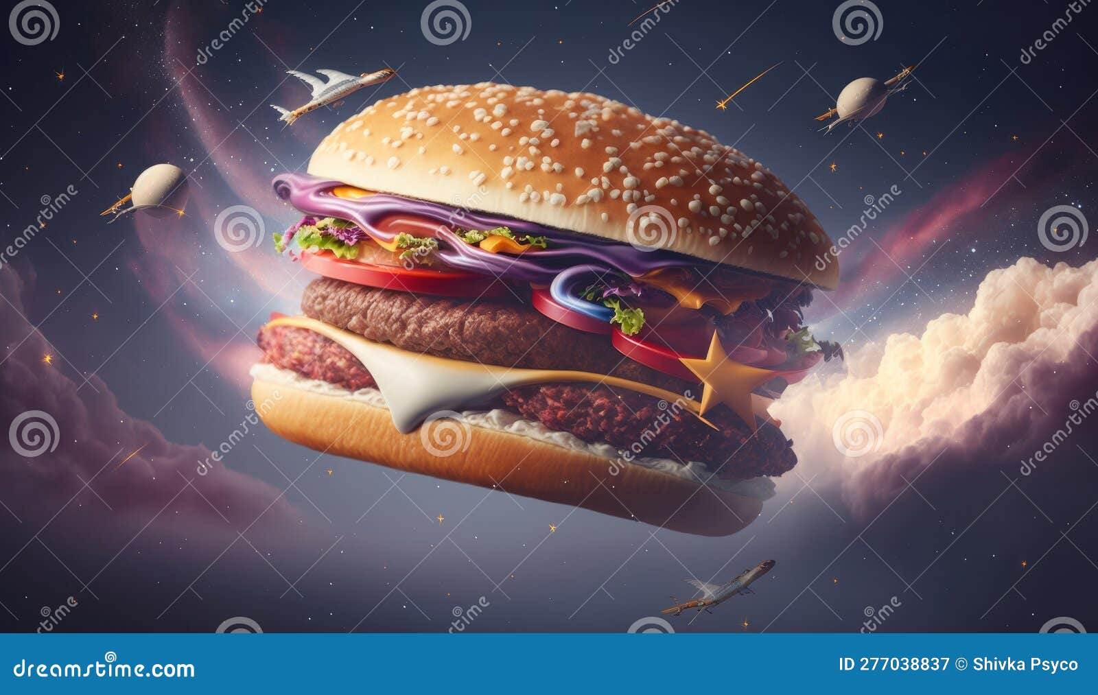 Burger Space Station in Sky Space Nebula Background Generative AI Stock ...