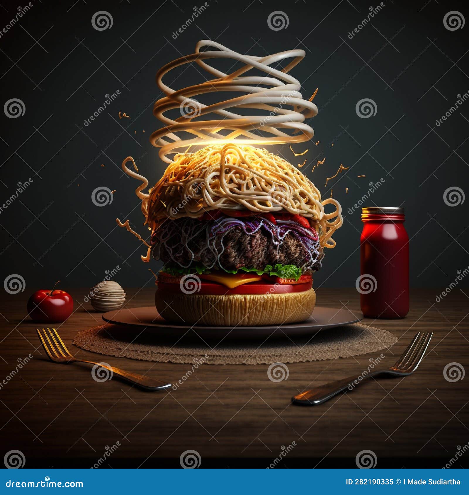 Burger and Spaghetti on the Restaurant Table Stock Illustration ...
