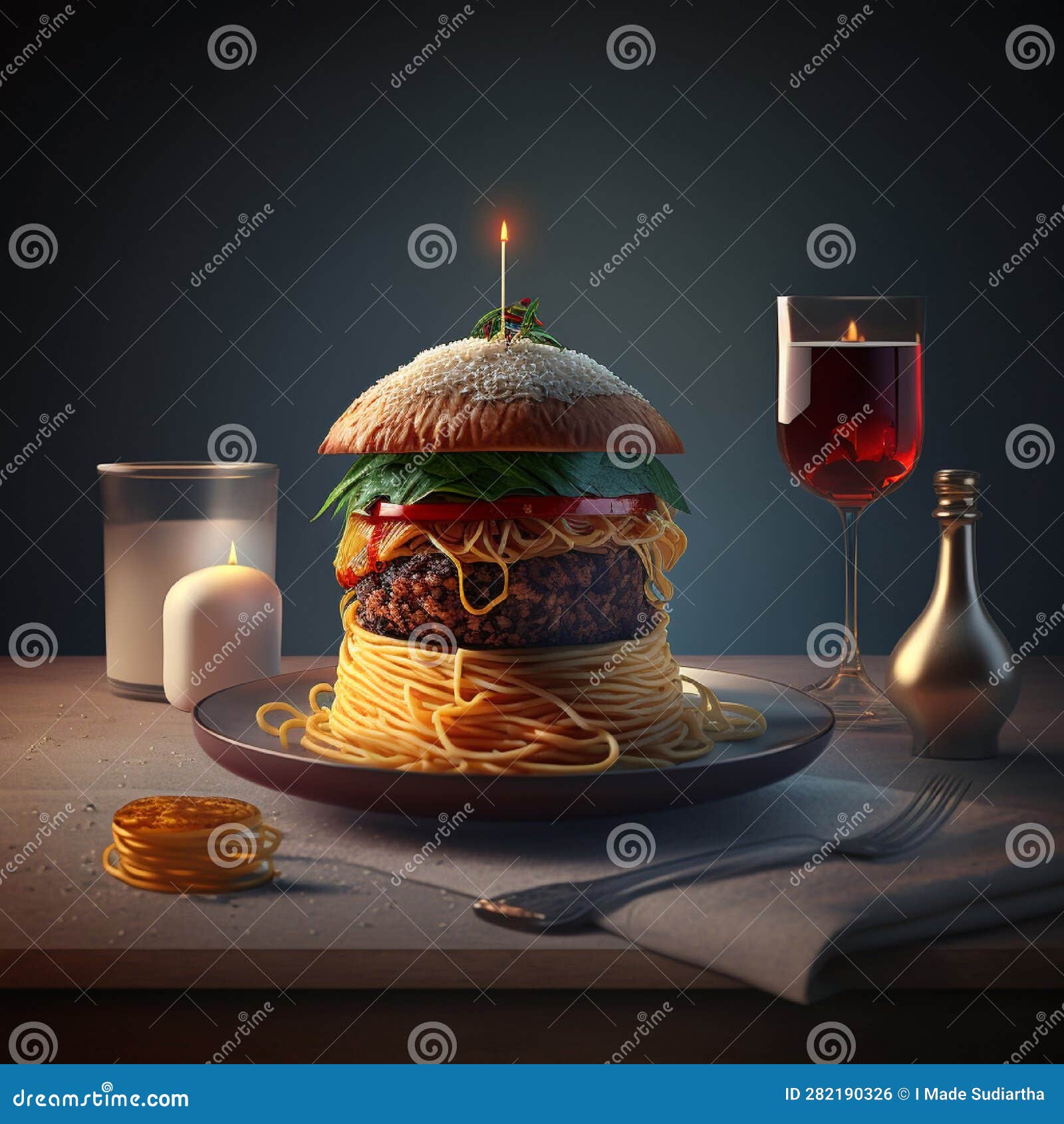 Burger and Spaghetti on the Table, 3d, High Resolution, Studio Lighting ...