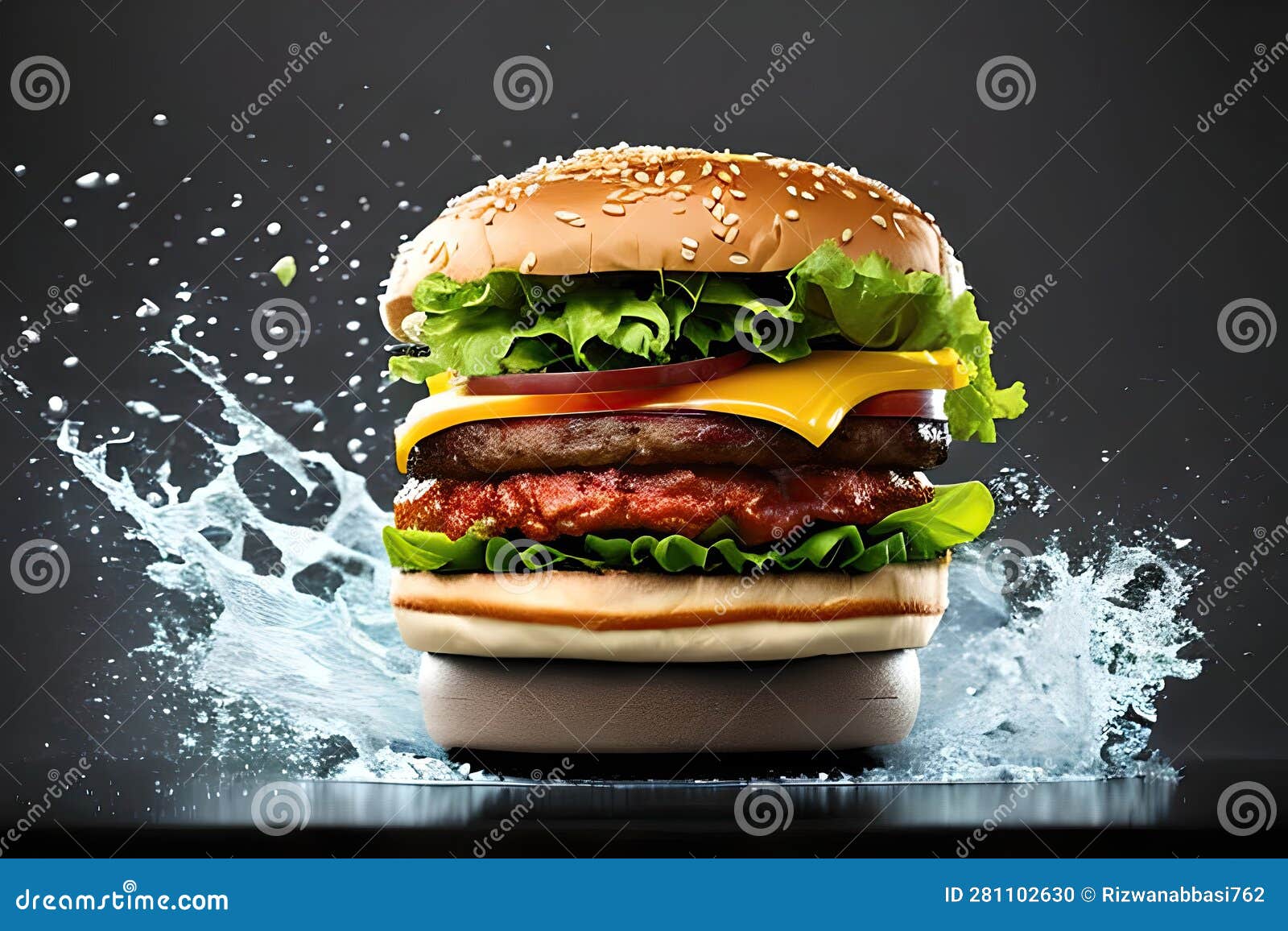 Burger with Splashing Water Background Stock Photo - Image of bread ...