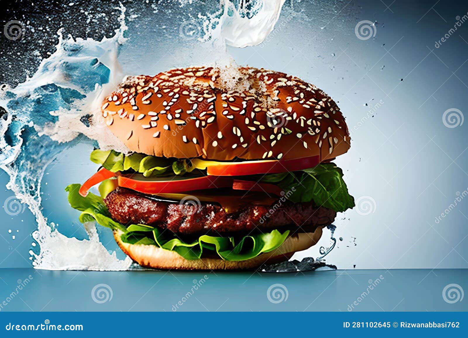 Burger with Splashing Water Background Stock Image - Image of bubble ...
