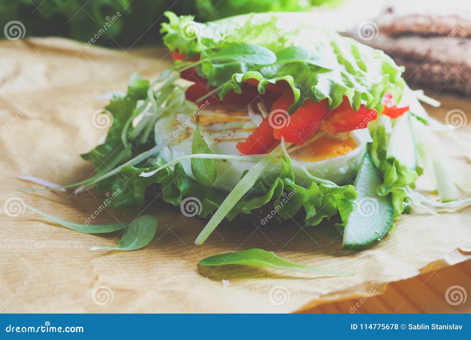 Burger with Vegetables, Boiled Egg and Rye Bread. Concept of Healthy ...