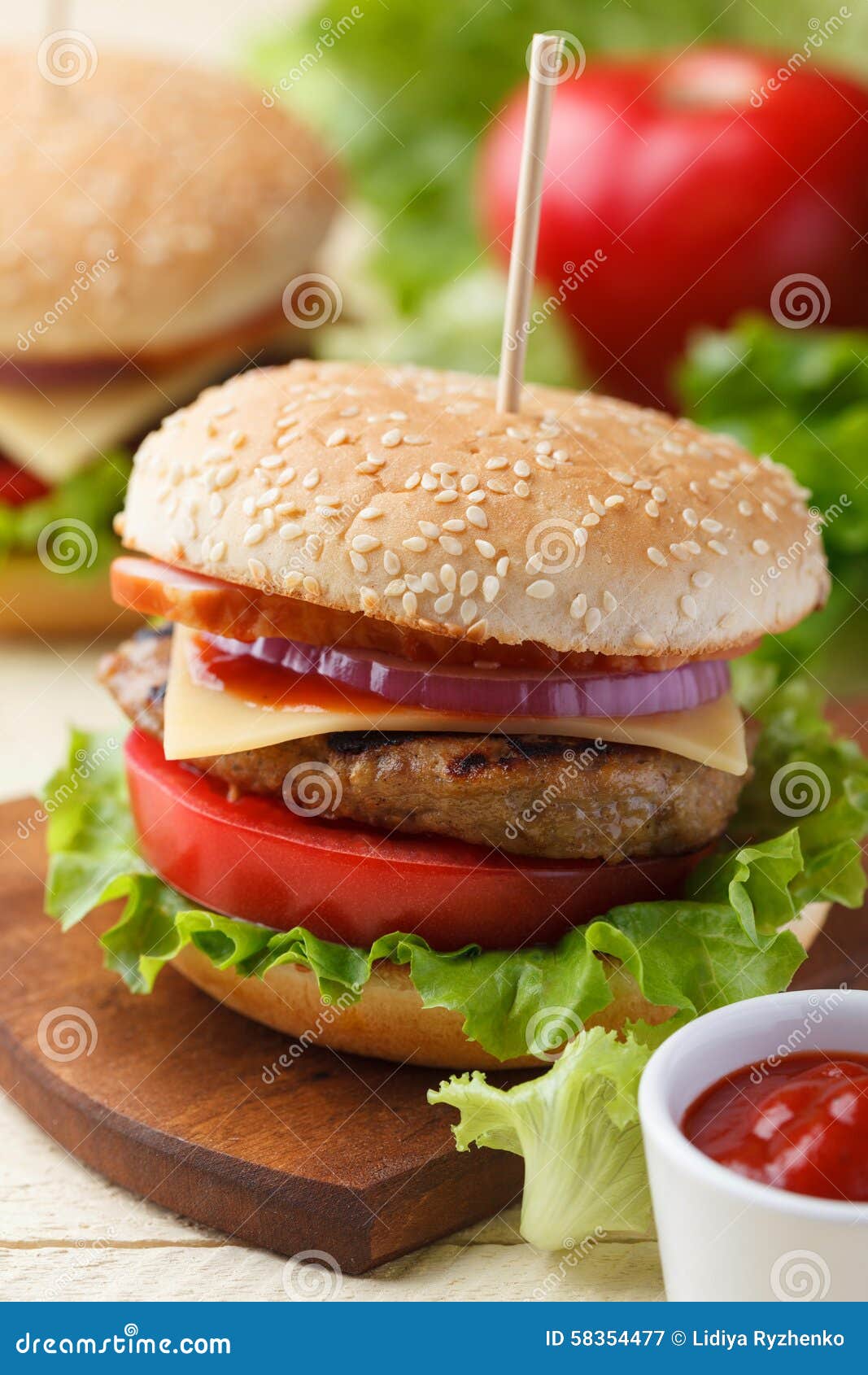 Burger on the wooden table stock image. Image of cuisine - 58354477