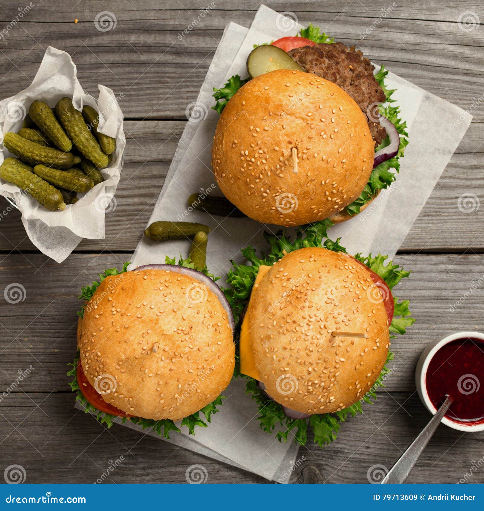 Burgers and Cheeseburger on Wooden Table, Top View Stock Image - Image ...