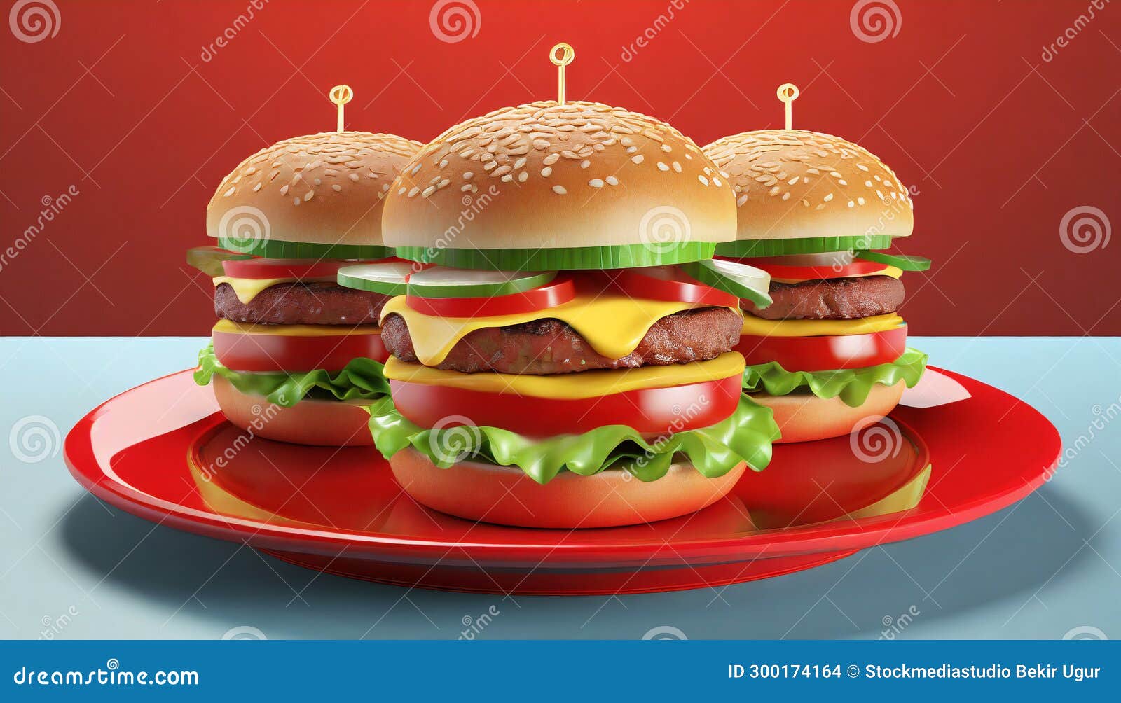 Layered Illusions Photorealistic Hamburgers On A Red Plate Stock