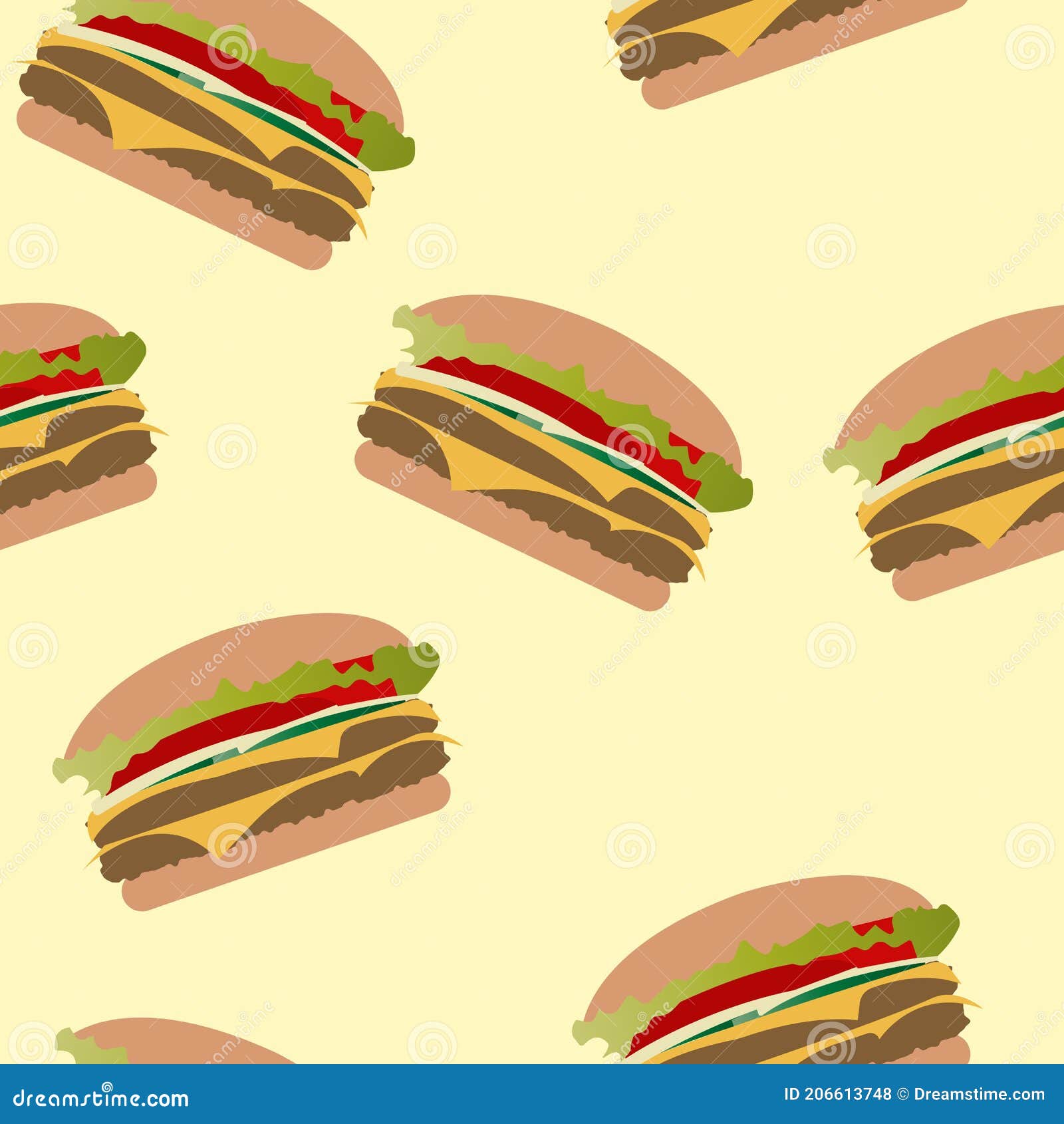 Burgers Seamless Pattern. Vector Illustration Isolated on a Yellow ...