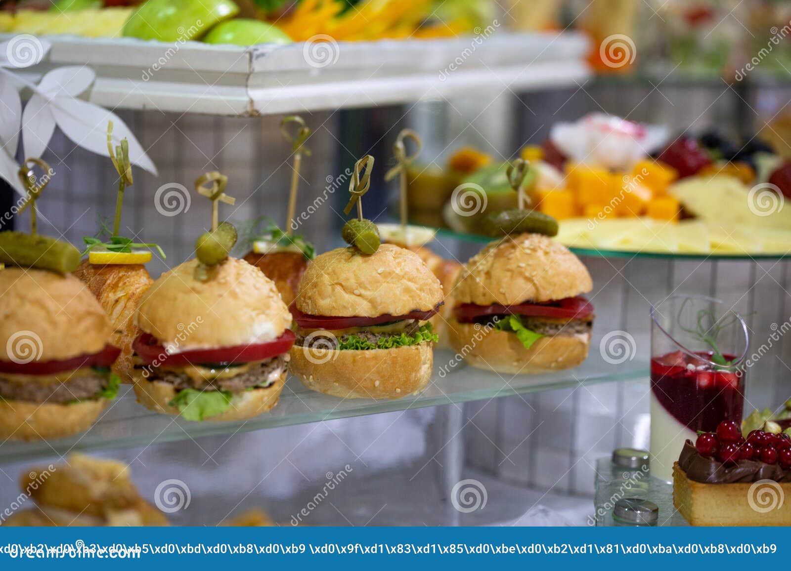 Burgers on a Stand on the Buffet Table Stock Photo - Image of ...