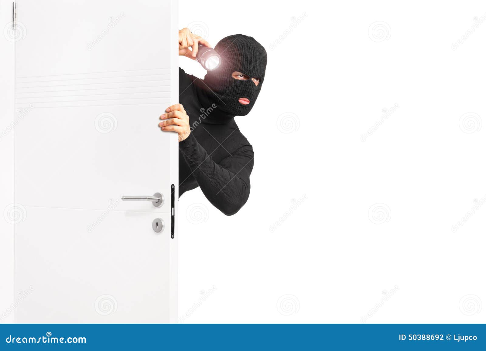Burglar with Flashlight Entering through a Door Stock Photo - Image of ...