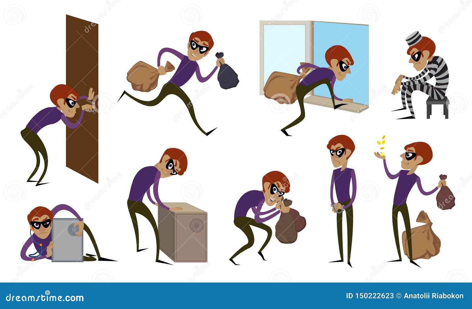 Burglar Icons Set, Cartoon Style Stock Vector - Illustration of alarm ...