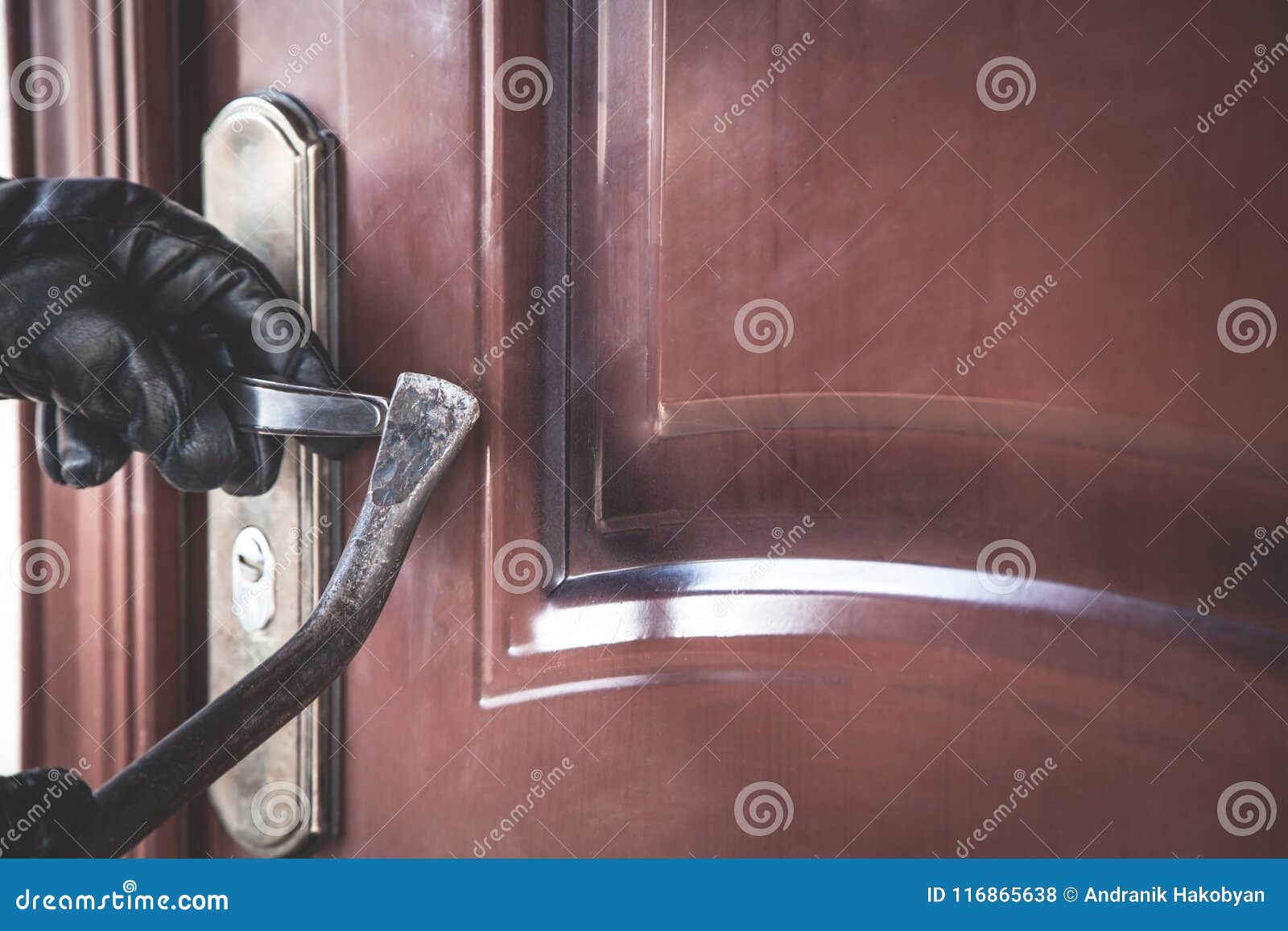 Burglar Trying To Open the Door Using a Crowbar. Stock Photo - Image of ...